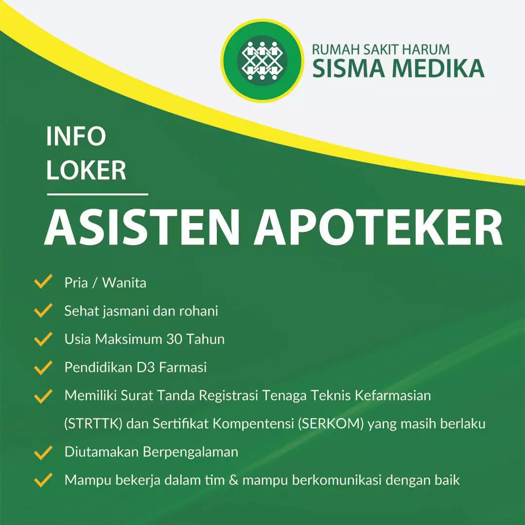 Lowongan Kerja Asisten Apoteker - Rumah Sakit Harum Sismamedika Lowongan Kerja Asisten Apoteker - Rumah Sakit Harum Sismamedika
